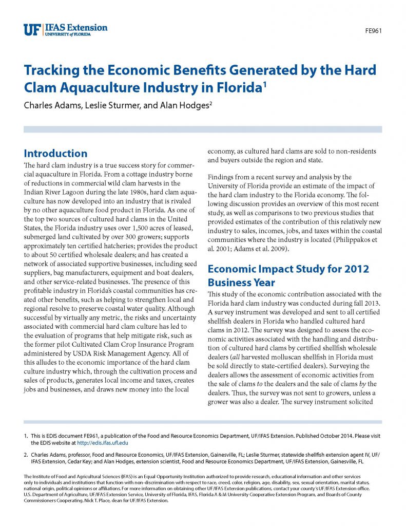 Economic Impact of the Commercial Hard Clam Culture Industry in Florida ...